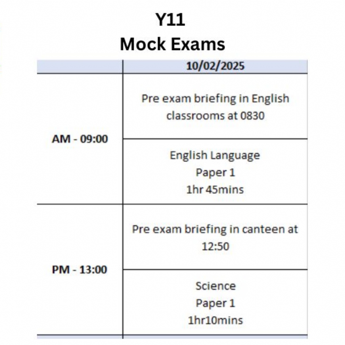 Chaucer School - Y11 Mock Exams - 10/02/2025